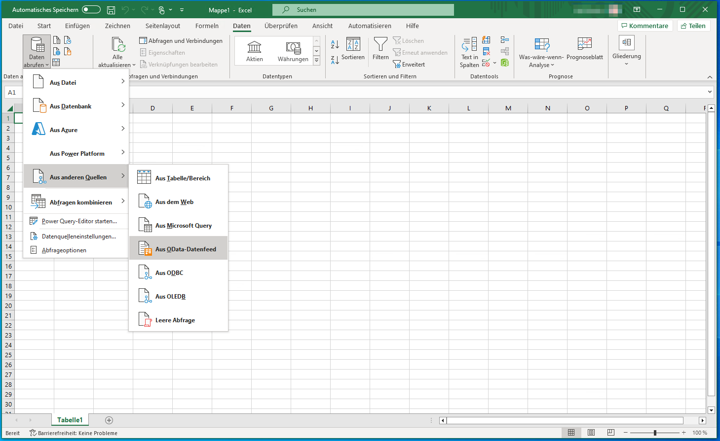 Abruf von Daten über OData in Excel und Power BI